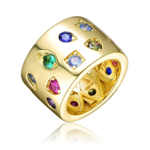 14k Gold Plated Wide Band Ring With Vibrant Multi-colored Cubic ...