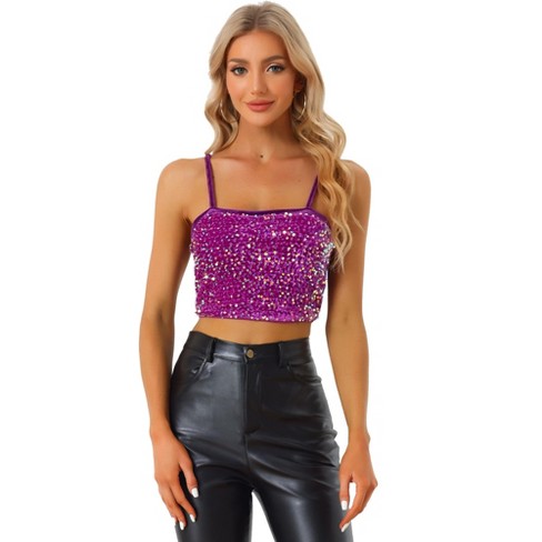Allegra K Women's Club Party Velvet Spaghetti Strap Crop Sequined Cami ...
