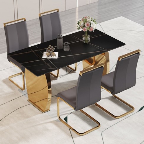 Nicbex 5 Piece Dining Table Set,black Patterned Dining Table With Gold ...
