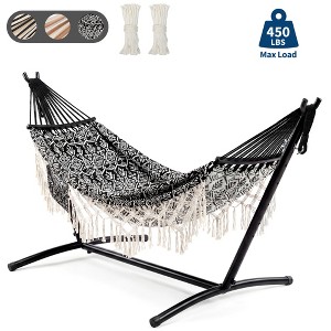 Black White Striped Double Hammock with Stand, 450 lb Capacity 2-Person ...