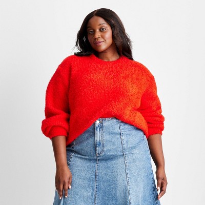 Women's Crewneck Relaxed Teddy Sweater - Future Collective Red 1x : Target