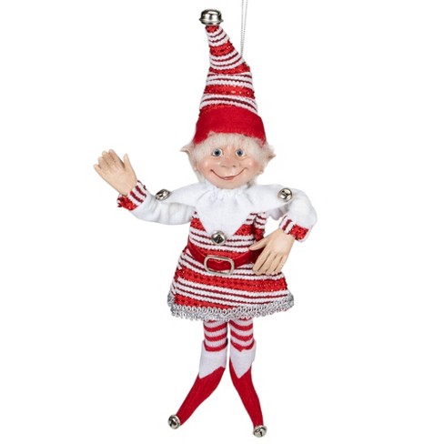 Northlight 13" Red And White Peppermint Striped Elf With Jingle Bells ...
