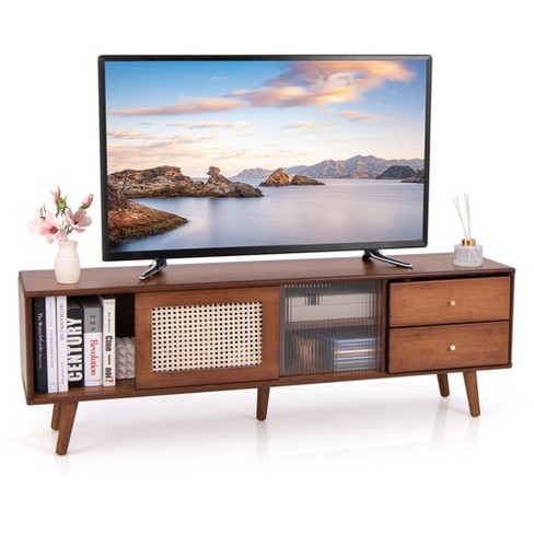 Costway Bamboo Tv Stand Console Table With Pe Rattan Door & 2 Drawers ...