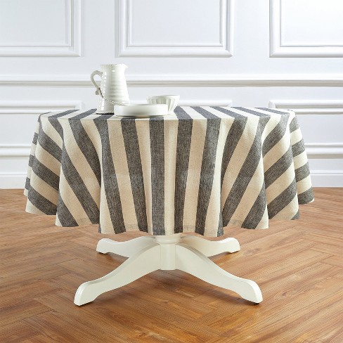 Solino Home Striped Linen Round Tablecloth Black And Natural 60 Inches ...