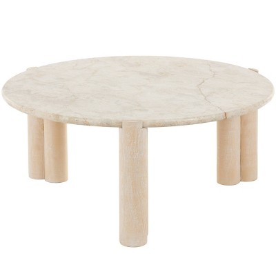Teak Wood Handmade Living Room Coffee Table with Beige Marble Tabletop ...