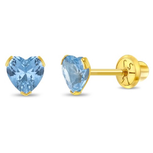 Baby Girls' Birthstone Cz Heart Screw Back 14k Gold Earrings - Aqua ...