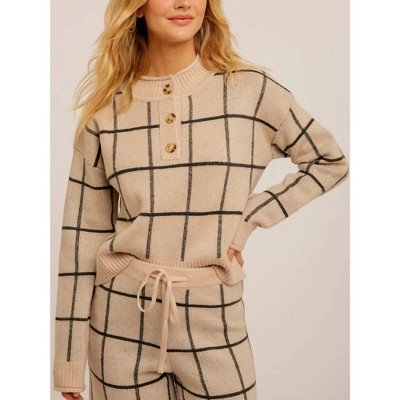 Women's Grid Patterned Henley Crop Sweater - Hem & Thread : Target