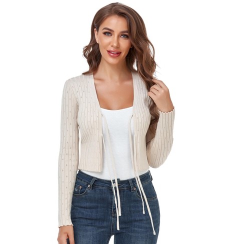 Womens Knit Shrugs Front Tie Long Sleeve Cardigan Cropped Sweater ...