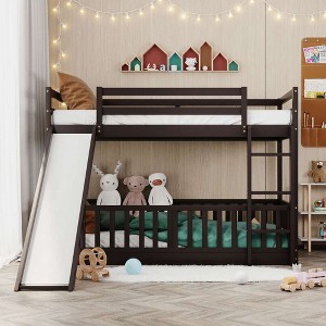 Xiyuyeu Twin Over Twin Bunk Bed With Ladder And Slide,wood Loft Bed With Fence For Bedroom,white ...