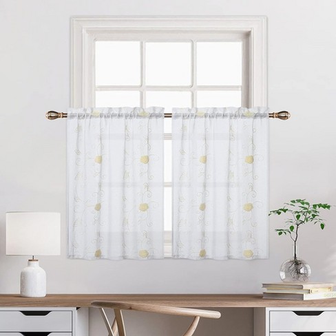 Floral Embroidered Voile Sheer Kitchen Tier Curtains, Beige, 52" X 30 ...