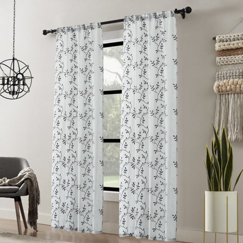 Set Of 2 Modern Threads Sheer Leaf Vines Curtain Panel, Cloud/carbon ...