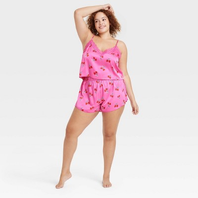Women's Satin Tank And Shorts Pajama Set - Colsie™ Pink/cherries 2x ...