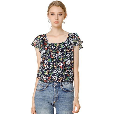 Inspire Chic Women's Chiffon Ruffle Sleeve Square Neck Floral Print ...