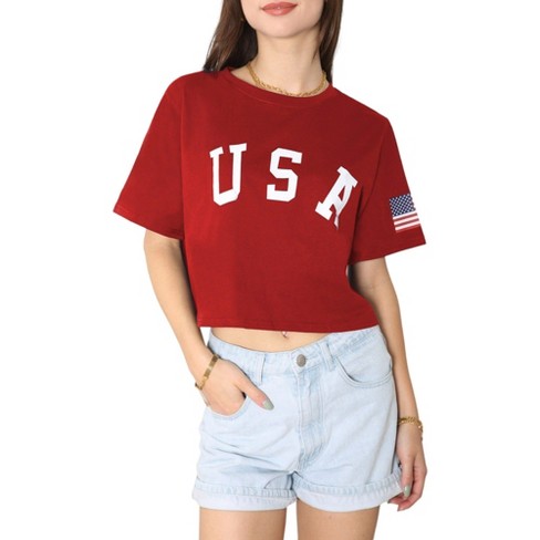 Anna-kaci Women's Letter Print Crop Top Short Sleeve July 4th Usa Flag ...