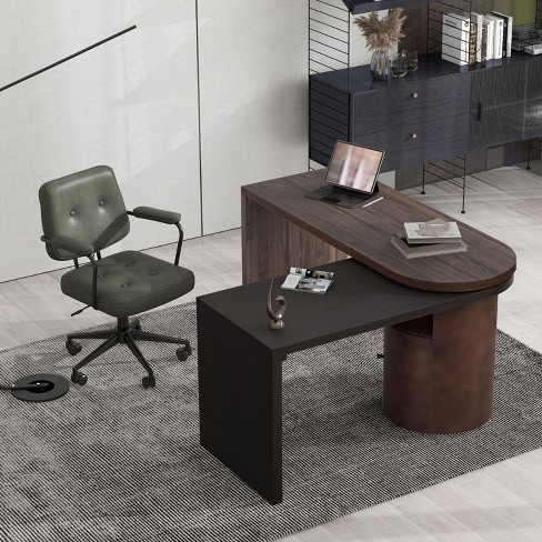 56.92" Modern L Shaped Desk In Walnut With 1 Cabinet And Open Storage ...