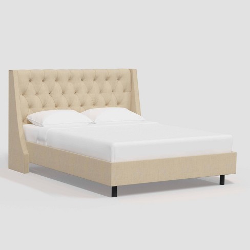 California King Gilford Wingback Platform Bed in Linen Cream Threshold Pine Frame No Box Spring Needed