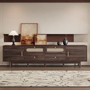 GDFStudio Arjun Modern 76" Wood TV Stand with Drawers and Rattan ...
