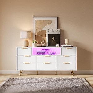 Modern TV Stand with 8 Drawers, LED Light and Charging Outlet, Narrow ...