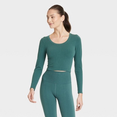 Women's Seamless Ribbed Cropped Long Sleeve Top - All In Motion™ Green ...