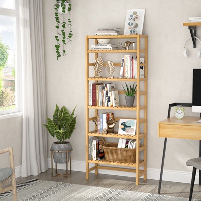 Aheaplus 6-tiers Adjustable Bamboo Bookshelf, Freestanding Display ...