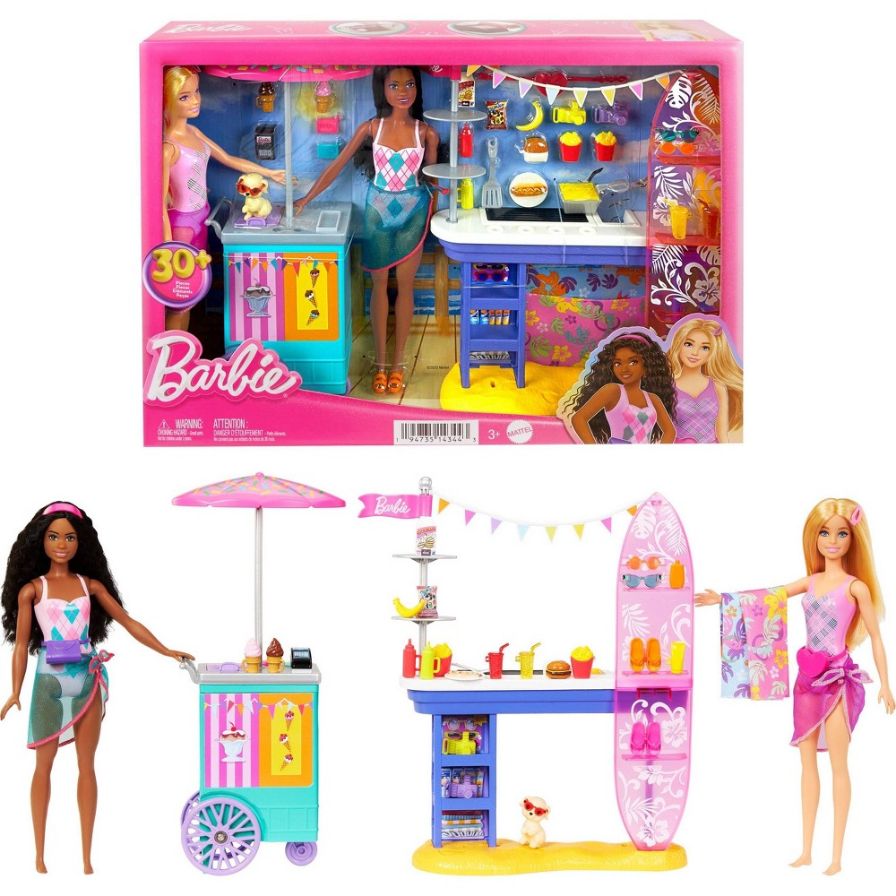 Barbie Beach Boardwalk Playset With Barbie Brooklyn And Malibu Dolls 2 Stands And 30 Accessories