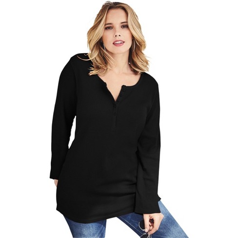Roaman's Women's Plus Size Thermal Henley Tunic - 2x, Black : Target