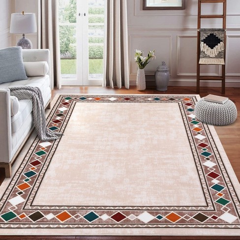 Modern Bordered Machine Washable Area Rug Geometric Border Carpet For ...