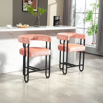 Pink Chenille Height Bar Stools Set Of 2,Boasting Curved Wishbone Frame ...
