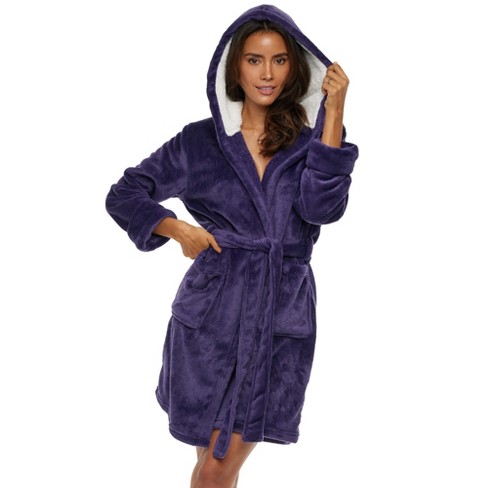Adr Women's Classic Plush Hooded Robe, Short Fleece Bathrobe Purple ...