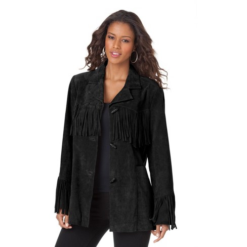 Roaman's Women's Plus Size Fringe Suede Jacket, 38 W - Black : Target