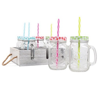 Deco Glass Drinking Mason Jar Cups With Handle & Wooden Carrier With ...