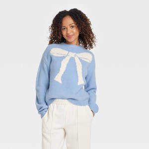 Women s Holiday Crewneck Pullover Sweater A New Day Light Blue Bow M Target