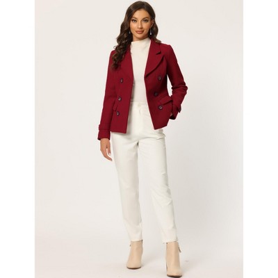 Allegra K Women's Notched Lapel Double-breasted Pea Coat Dark Red ...
