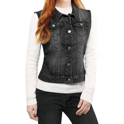 Allegra K Women's Buttoned Washed Denim Vest With Faux Chest Flap ...