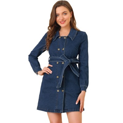 Allegra K Women's Denim Long Sleeve Pockets Button Down Belt Dress Blue ...