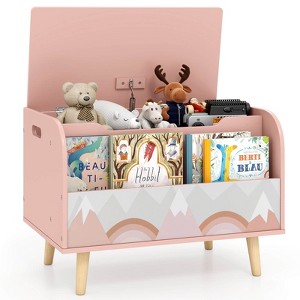 Costway Kids Wooden Toy Box with Front Bookshelf 4 Solid Wood Legs Flip ...