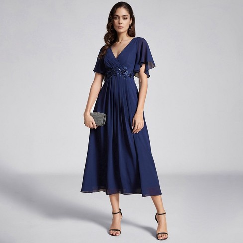 Women's V Neck A-line Elastic High Waist Wedding Guest Dresses, Navy Blue, 8 : Target