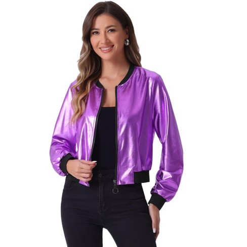 Allegra K Women's Holographic Fashion Stand Collar Metallic Lightweight ...