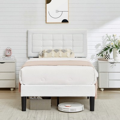 Vecelo White Upholstered Bed Wood And Metal Frame Twin Platform Bed ...