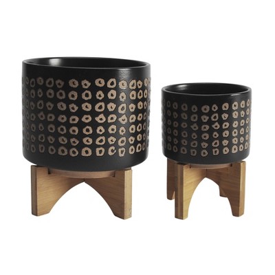 Sagebrook Home 10" Wide 2pc Ceramic Planter Pots On Stand Brown : Target