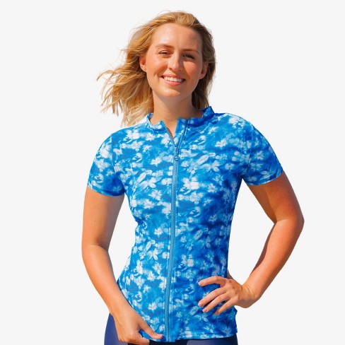 Calypsa Women's Full-zip Short Sleeve Upf 50+ Adele Swim Top - Blue Tie ...