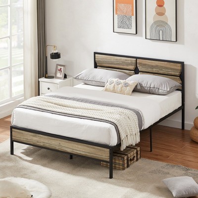 VECELO Full Size Bed Frame with Gray Wooden Headboard, Heavy-Duty ...