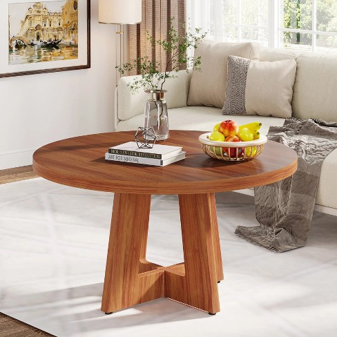 Hommoo Round Coffee Table, 31.4" Wood Circle Center Table With Cross ...