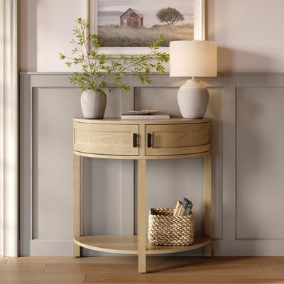 Stead Farmhouse Half Moon Console Table Small Entry Table with Storage Modern Home Living Room Decor Natural Oak