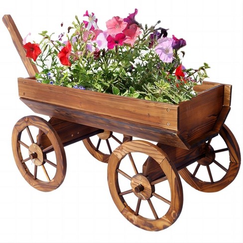 Wooden Wagon Planter Box, Outdoor Garden Flower Planter Pot Stand With ...