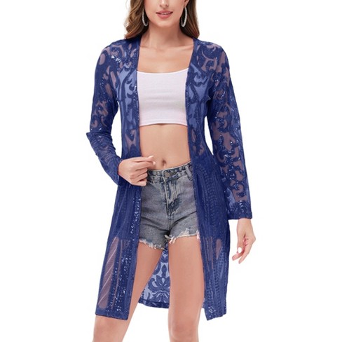 Anna-kaci Women's Long Sequin Cardigan Open Front Sheer Duster Jacket ...
