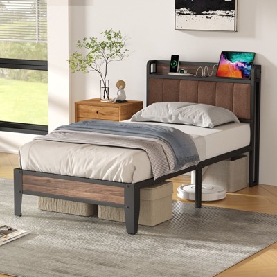 Lusimo Twin Bed Frame Brown Upholstered Platform Bed with Storage ...