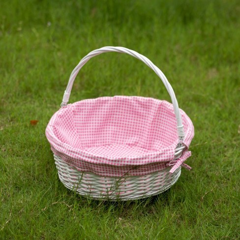 Wickerwise Traditional White Round Willow Gift Basket With Pink And ...