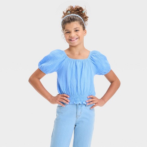 Grayson Threads Kids Big Girl Smocked Gauze Top - Blue : Target