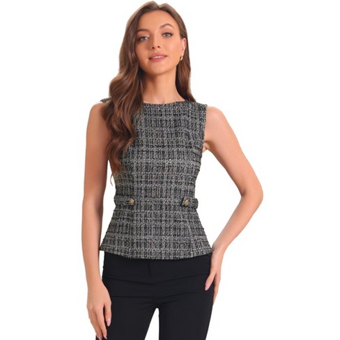 Allegra K Women's Tweed Elegant Plaid Print Sleeveless Crew Neck Waist ...